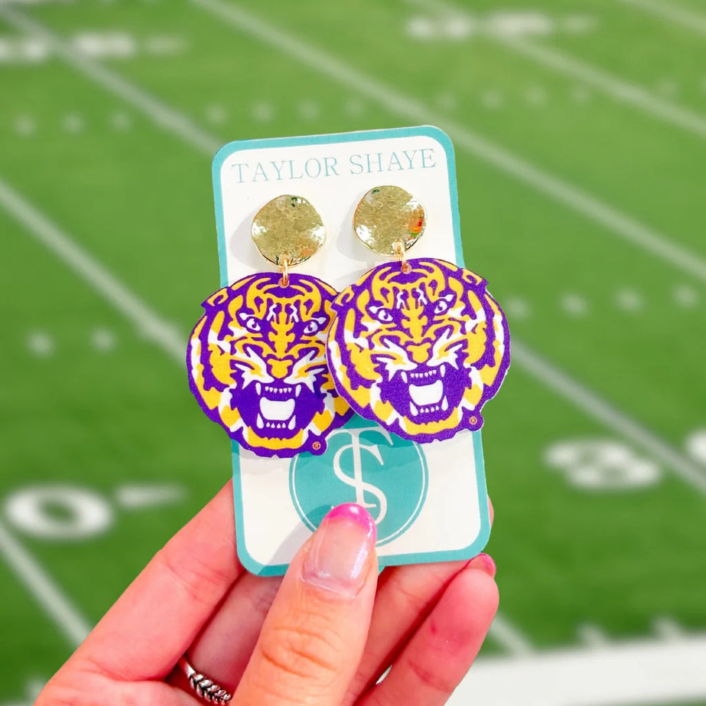 Taylor Shaye Purple and Gold LSU Roaring Tiger Head Drops